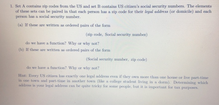 Solved 1. Set A contains zip codes from the US and set B | Chegg.com
