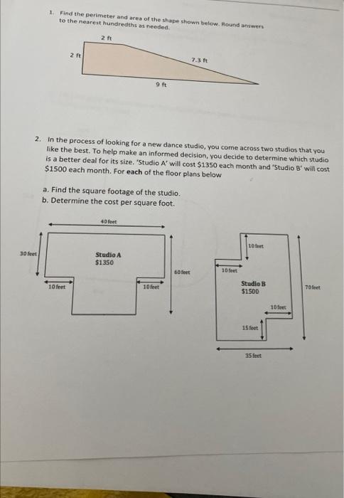 Solved 1. Find the perimeter and area of the shape shown | Chegg.com