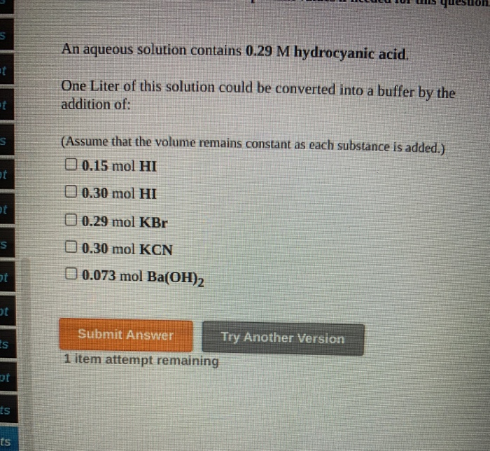 Solved An aqueous solution contains 0.29 M hydrocyanic acid. | Chegg.com