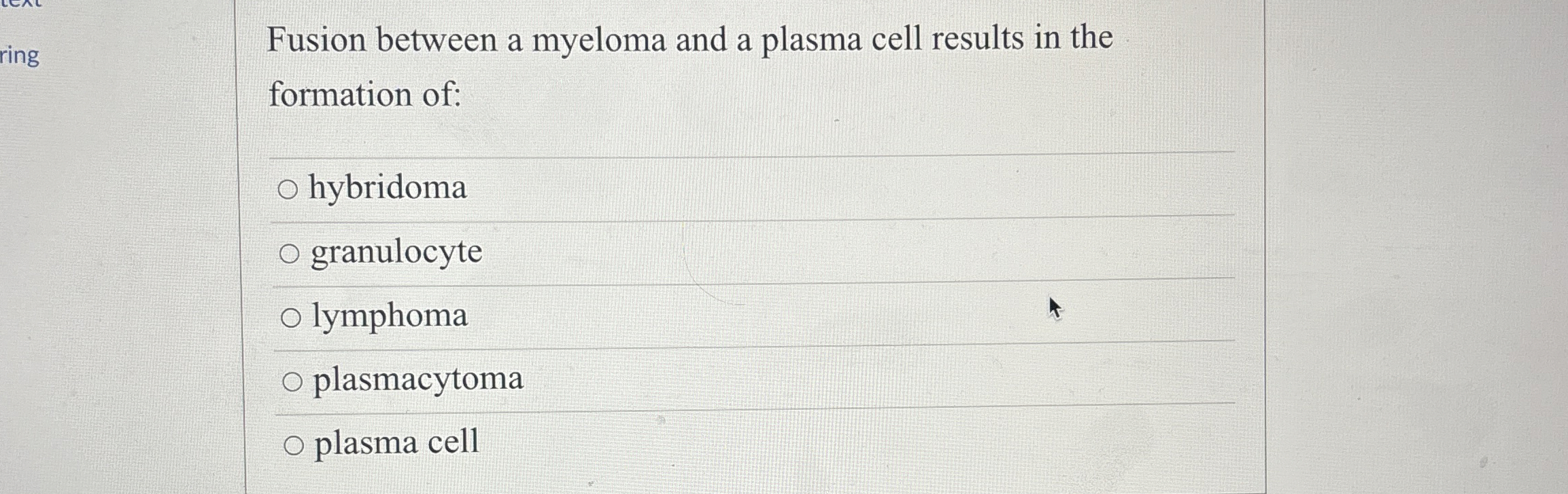 Solved Fusion between a myeloma and a plasma cell results in | Chegg.com