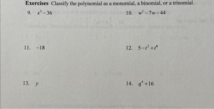 Exercises Classify the polynomial as a monomial, a | Chegg.com