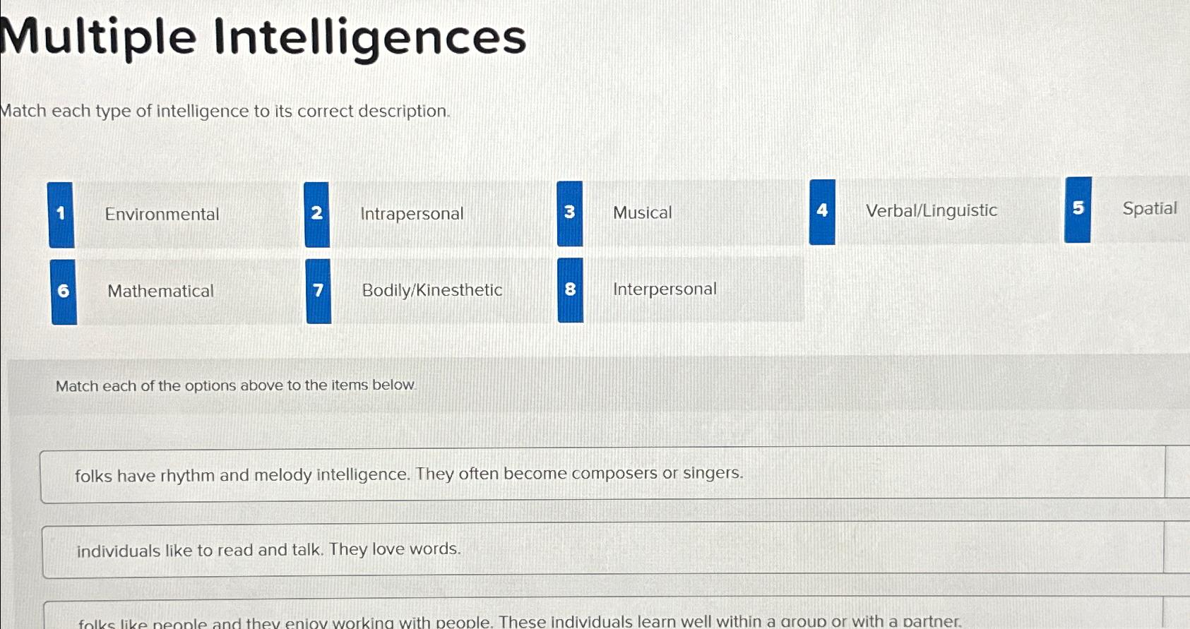 Solved Multiple IntelligencesMatch each type of intelligence | Chegg.com