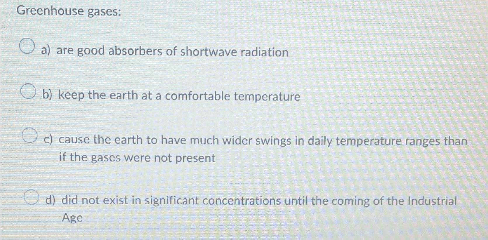 Solved Greenhouse gases: ﻿a) ﻿are good absorbers of | Chegg.com