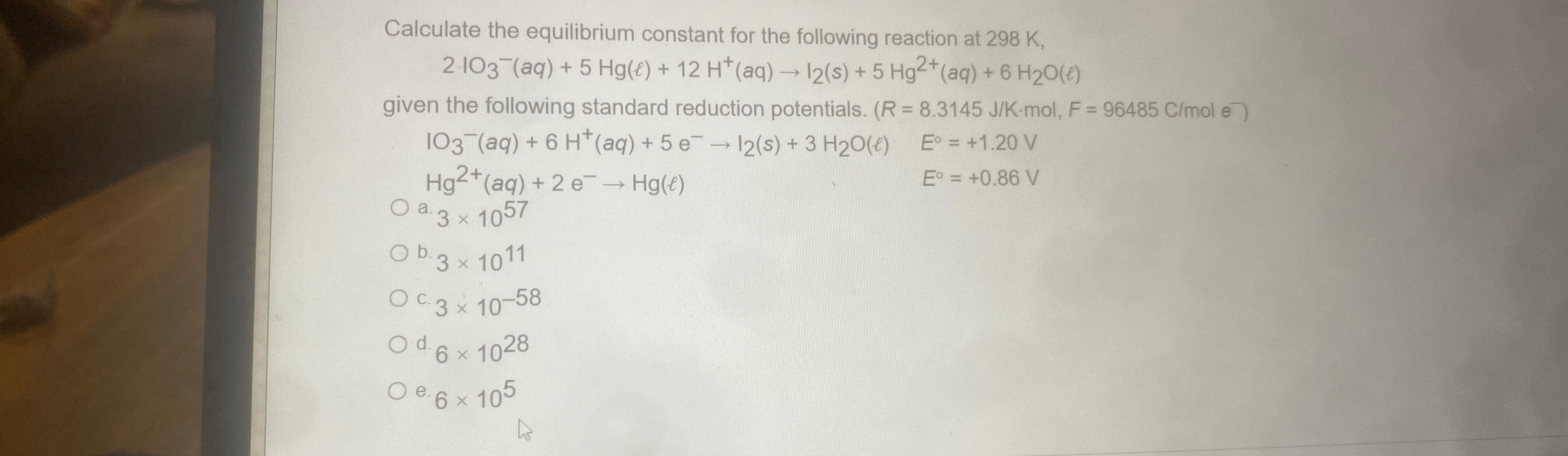 Solved Calculate The Equilibrium Constant For The Following