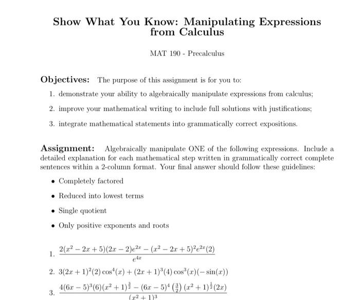 Solved Show What You Know: Manipulating Expressions from | Chegg.com