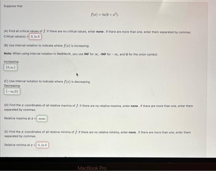 Solved Suppose that f(x)=ln(6+x2) (A) Find all critical | Chegg.com