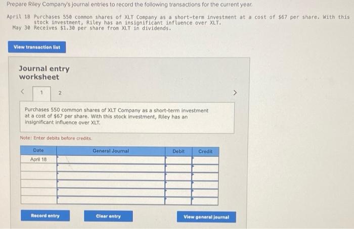 Solved Prepare Riley Company's journal entries to record the | Chegg.com