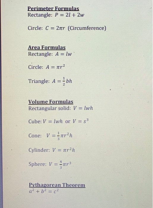 Solved Perimeter Formulas Rectangle: P = 21 + 2w Circle: C = | Chegg.com