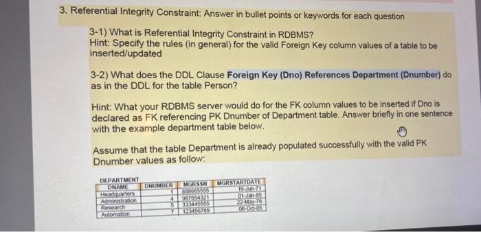 Solved 3. Referential Integrity Constraint: Answer in bullet | Chegg.com