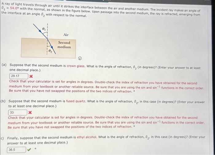 Solved A ray of light travels through air until it strikes | Chegg.com
