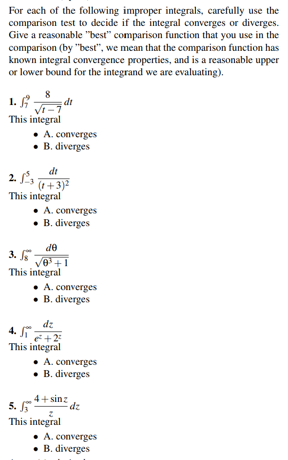 Solved For each of the following improper integrals, | Chegg.com