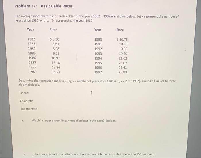 Solved Problem 12: Basic Cable Rates The average monthly | Chegg.com