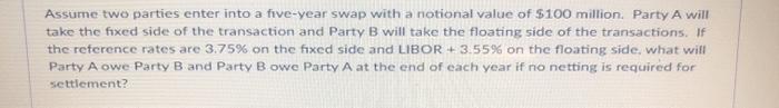 Solved Assume two parties enter into a five-year swap with a | Chegg.com