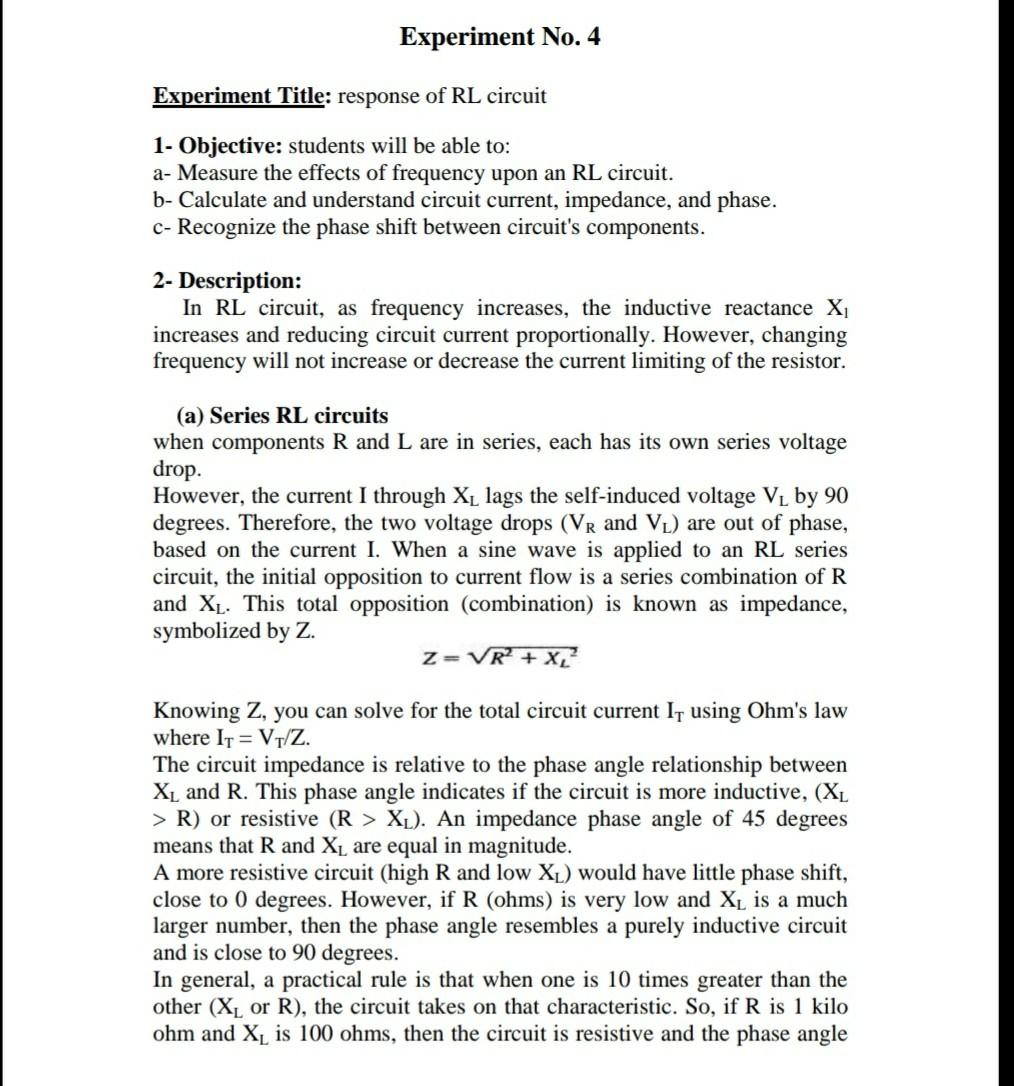 Solved Experiment No. 4 Experiment Title: response of RL | Chegg.com