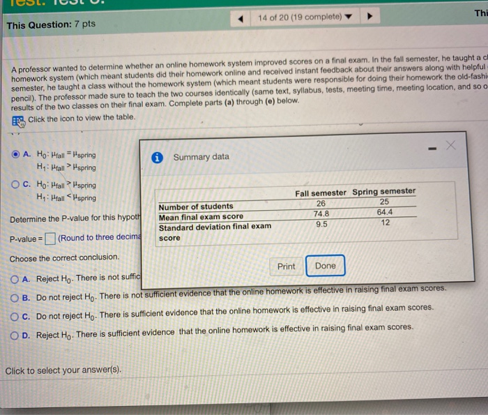 Solved A professor wanted to determine whether an online | Chegg.com