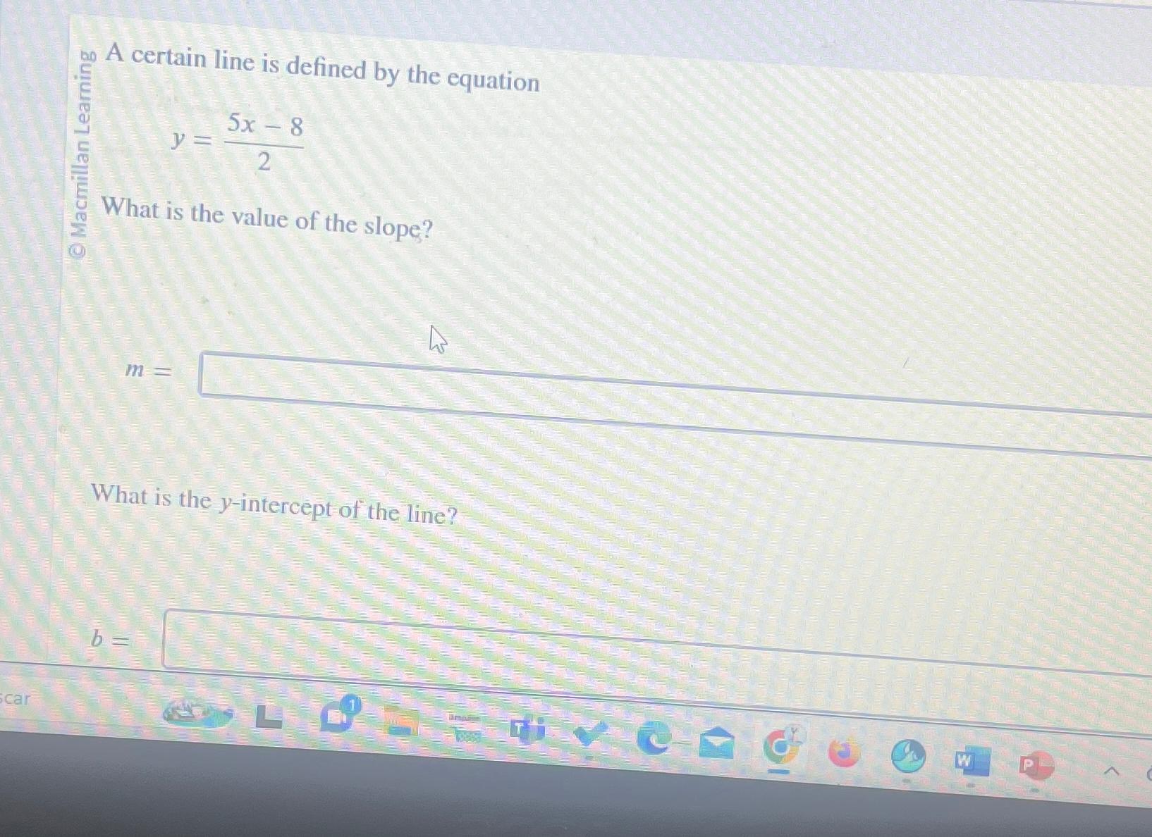 Solved A certain line is defined by the equationy=5x-82What | Chegg.com