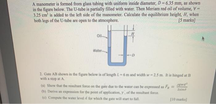 Solved A manometer is formed from glass tubing with uniform | Chegg.com