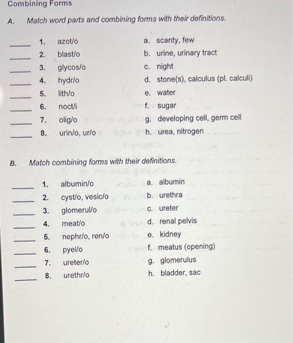 A. Match word parts and combining forms with their | Chegg.com