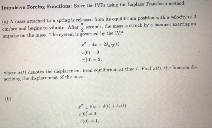 Solved Impulsive Forcing Functions: Solve the IVPs using the | Chegg.com