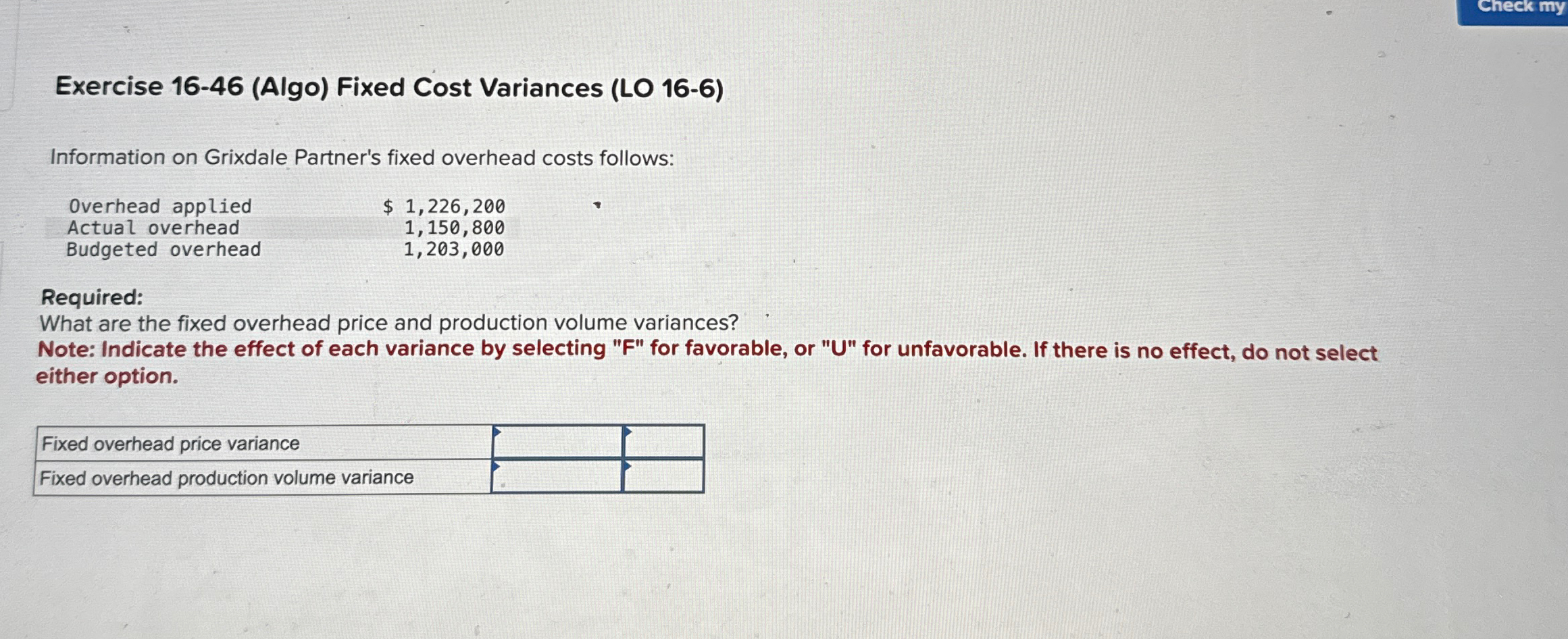 Solved Exercise 16-46 (Algo) ﻿Fixed Cost Variances (LO | Chegg.com