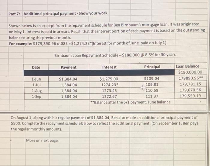 Solved Part 7: Additional principal payment - Show your work | Chegg.com