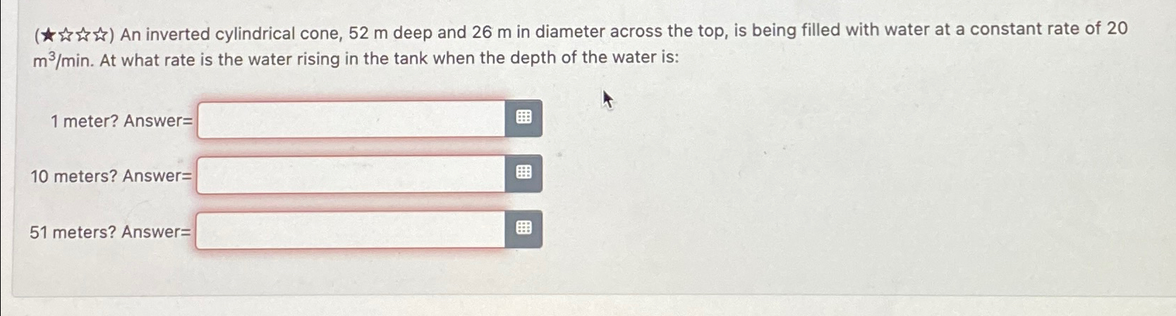 Solved ( ***↶↶ ﻿An inverted cylindrical cone, 52m ﻿deep and | Chegg.com