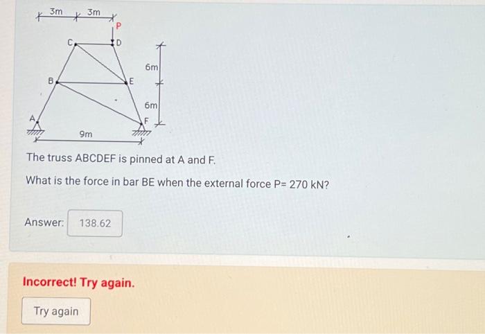 Solved The truss ABCDEF is pinned at A and F. What is the | Chegg.com