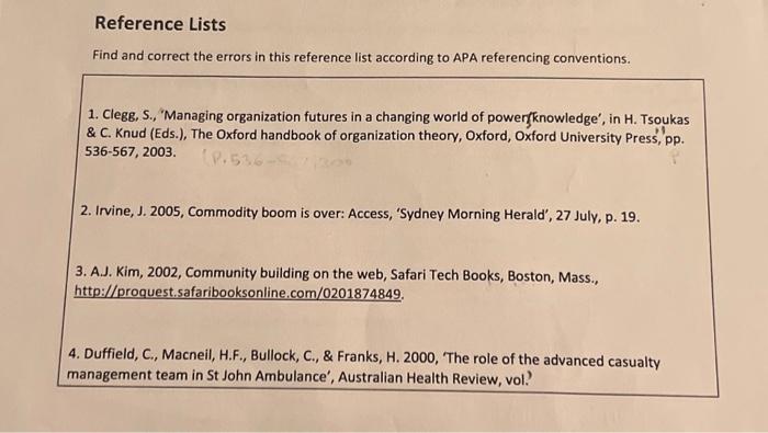 Solved Reference Lists Find and correct the errors in this | Chegg.com