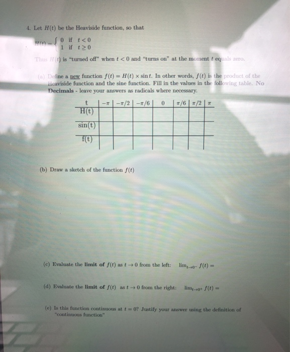 Solved 4. Let H(t) be the Heaviside function, so that A S O | Chegg.com