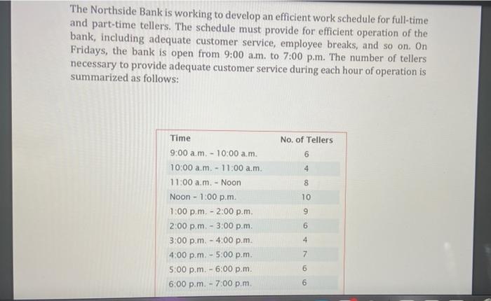 Solved The Northside Bank is working to develop an efficient | Chegg.com