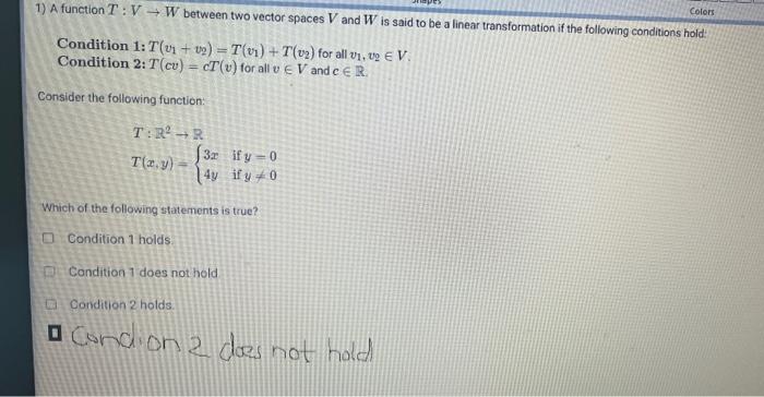 Solved 1) A function T:V→W between two vector spaces V and W | Chegg.com