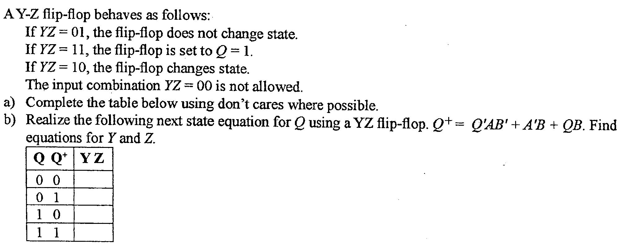A Y-Z flip-flop behaves as follows: If YZ = 01, the | Chegg.com