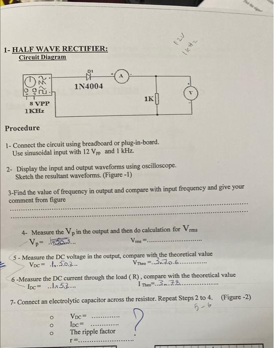 Solved 1- HALF WAVE RECTIFIER: Circuit Diagram Procedure 1- | Chegg.com