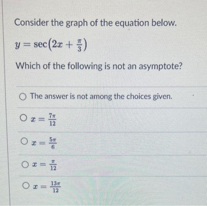 Solved Consider the graph of the equation below. y = sec (2x | Chegg.com