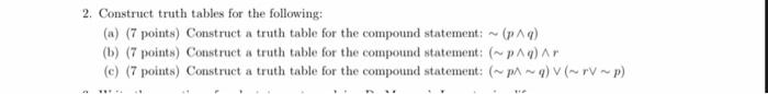 2. Construct truth tables for the following: (a) (7 | Chegg.com