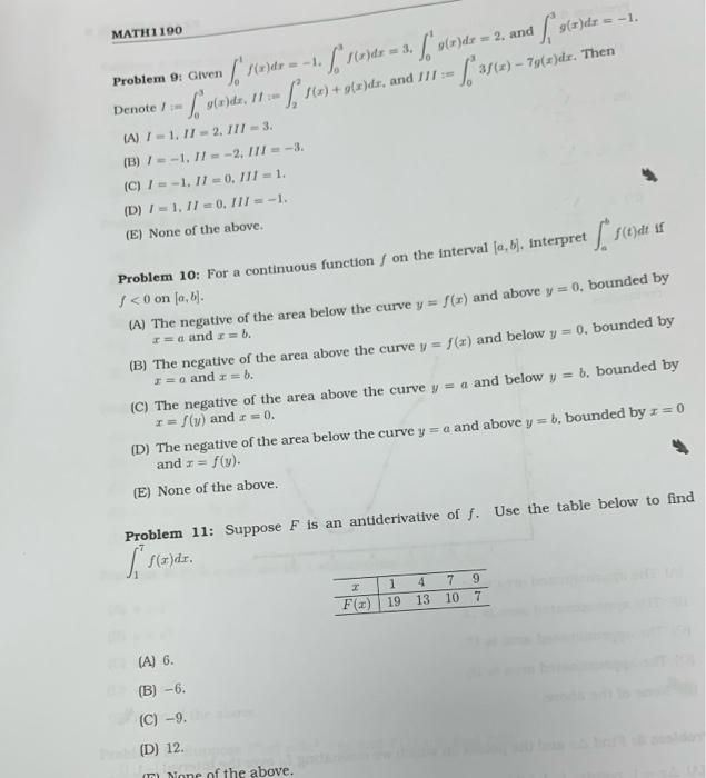 Solved MATH 1190 Problem 9: Given (r)dt = 2, and ) , :- | Chegg.com