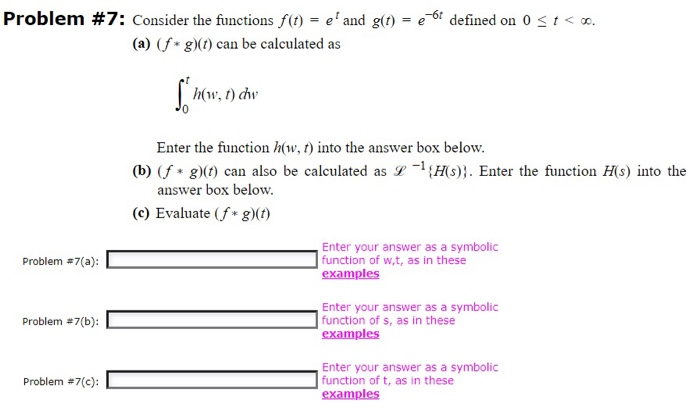 Solved Problem #7: Consider the functions f(t) = e' and g(t) | Chegg.com