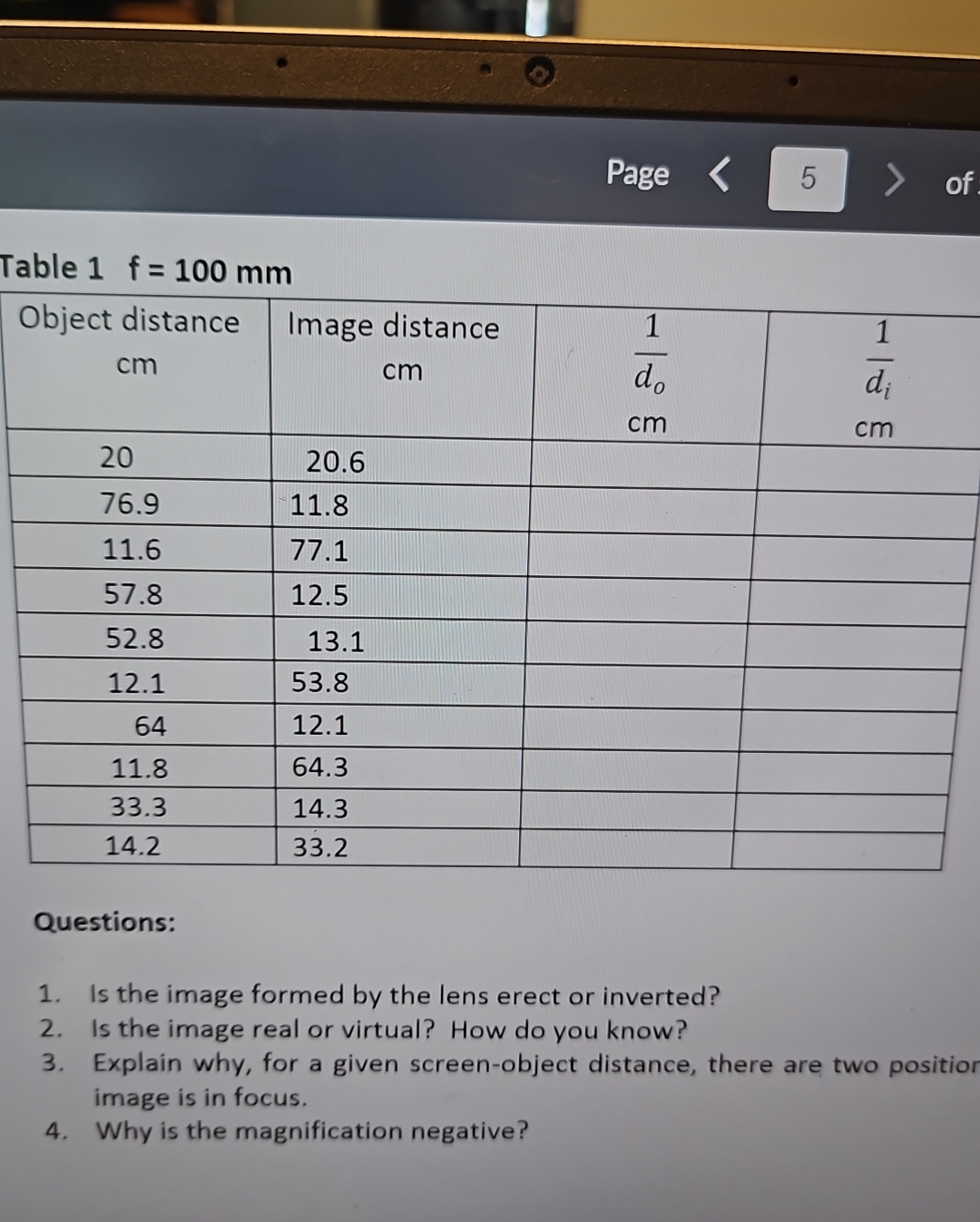 Solved Table 1f=100mm\table[[\table[[Object distance],[cm | Chegg.com