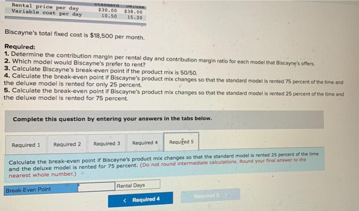 Solved Rental price per day Variable cost per day Standard | Chegg.com