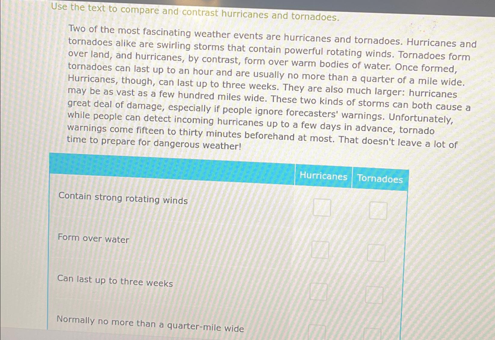 Solved Use the text to compare and contrast hurricanes and | Chegg.com