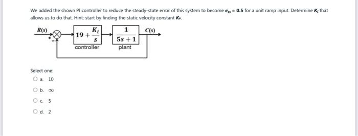 Solved We added the shown PI controller to reduce the | Chegg.com