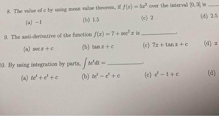 Solved 8. The value of c by using mean value theorem, if | Chegg.com