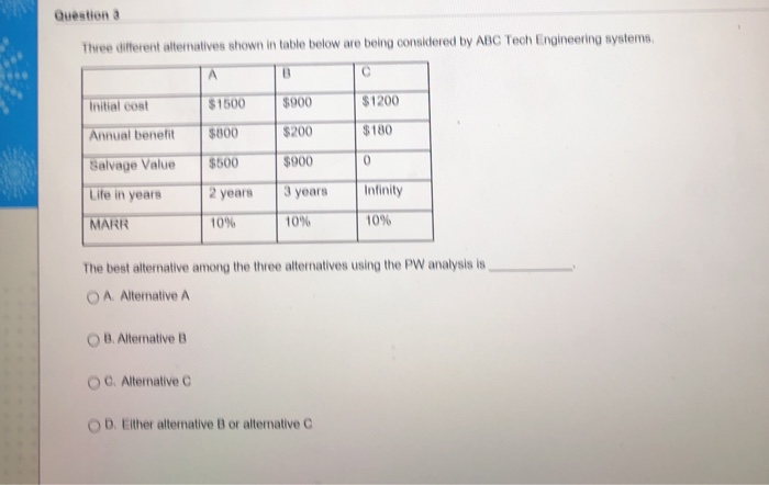 Solved Question a Three different alternatives shown in | Chegg.com
