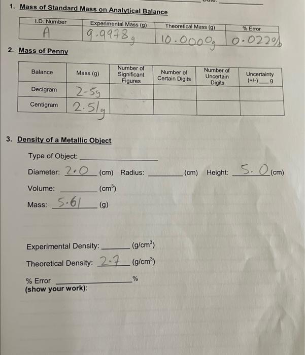 Solved 1. Mass of Standard Mass on Analytical Balance I.D. | Chegg.com