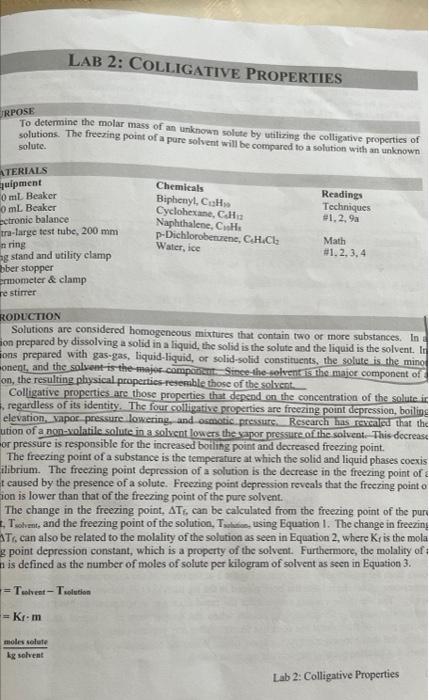 LAB 2: COLLIGATIVE PROPERTIES RPOSE To determine the | Chegg.com