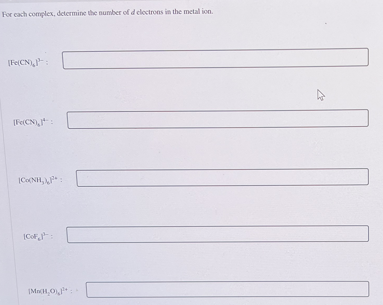 Solved For each complex, determine the number of d | Chegg.com