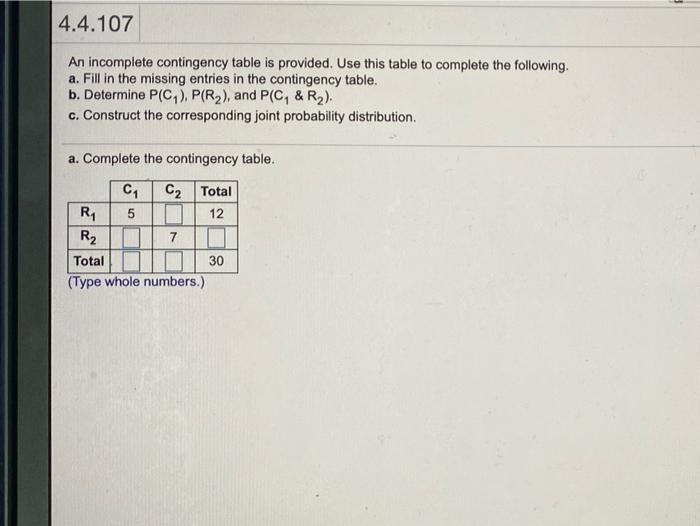 Solved 4.4.107 An incomplete contingency table is provided. | Chegg.com