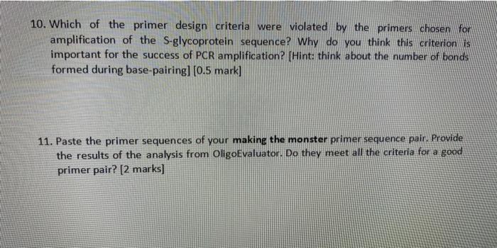 Solved 10. Which of the primer design criteria were violated | Chegg.com