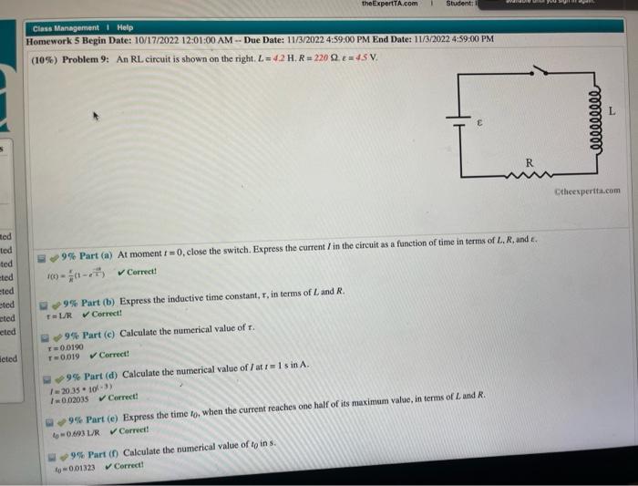 Solved (10\%) Problem 9: An RL circuit is shown on the | Chegg.com