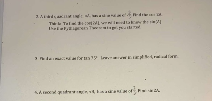 Solved 2. A third quadrant angle, | Chegg.com